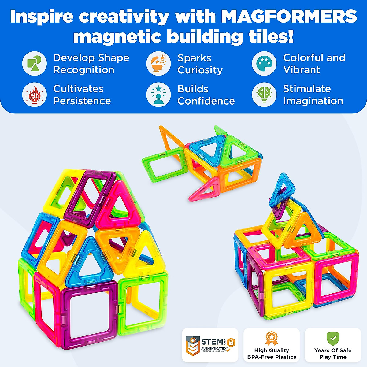 MAGFORMERS Neon 26 Pieces Rainbow Neon Colors, Educational Magnetic Geometric Shapes Tiles Building STEM Toy Set Ages 3+