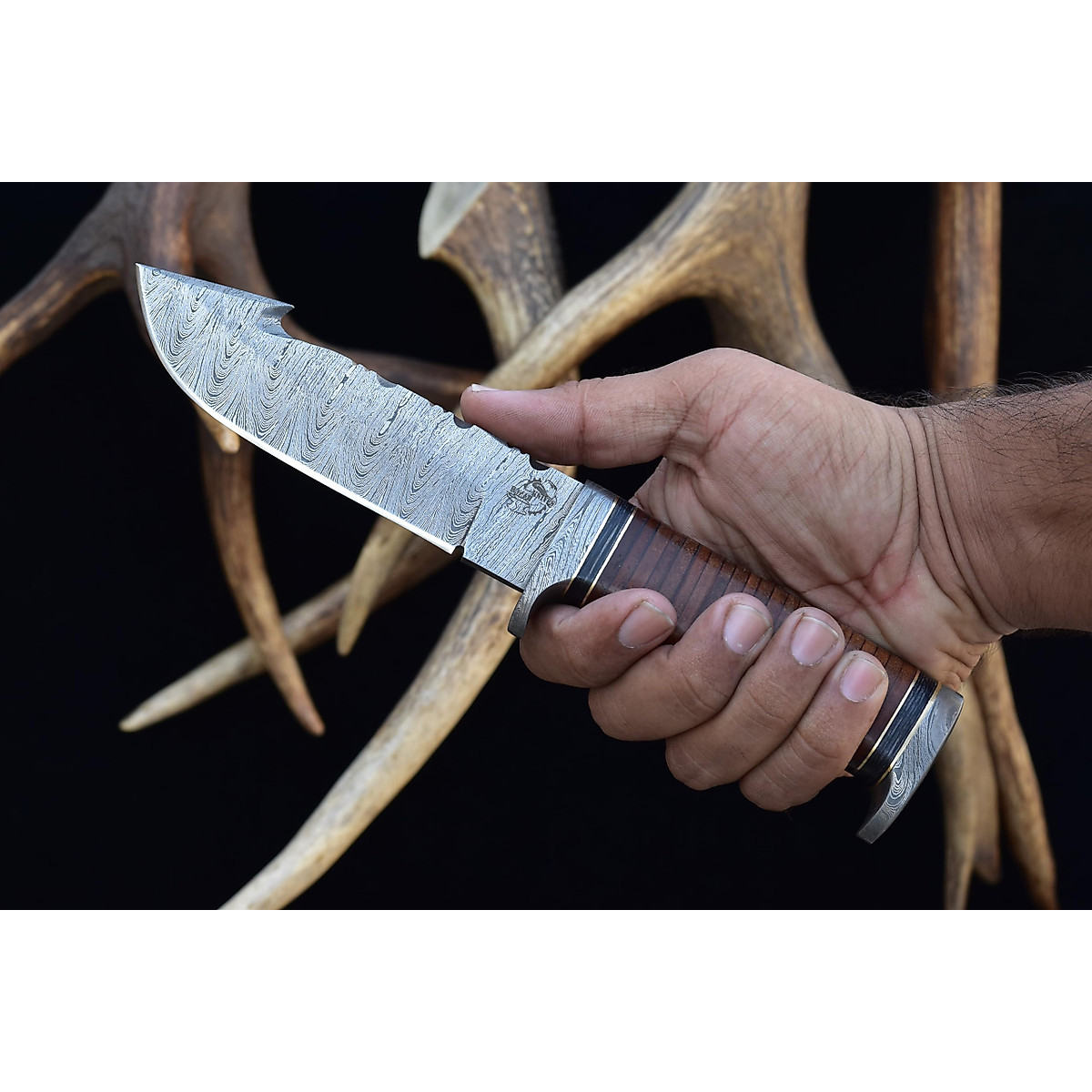 Knives Ranch Handmade Gut Hook Skinning Knife, Stack Leather Handle, Heavy-Duty Leather Sheath (Model 2173)