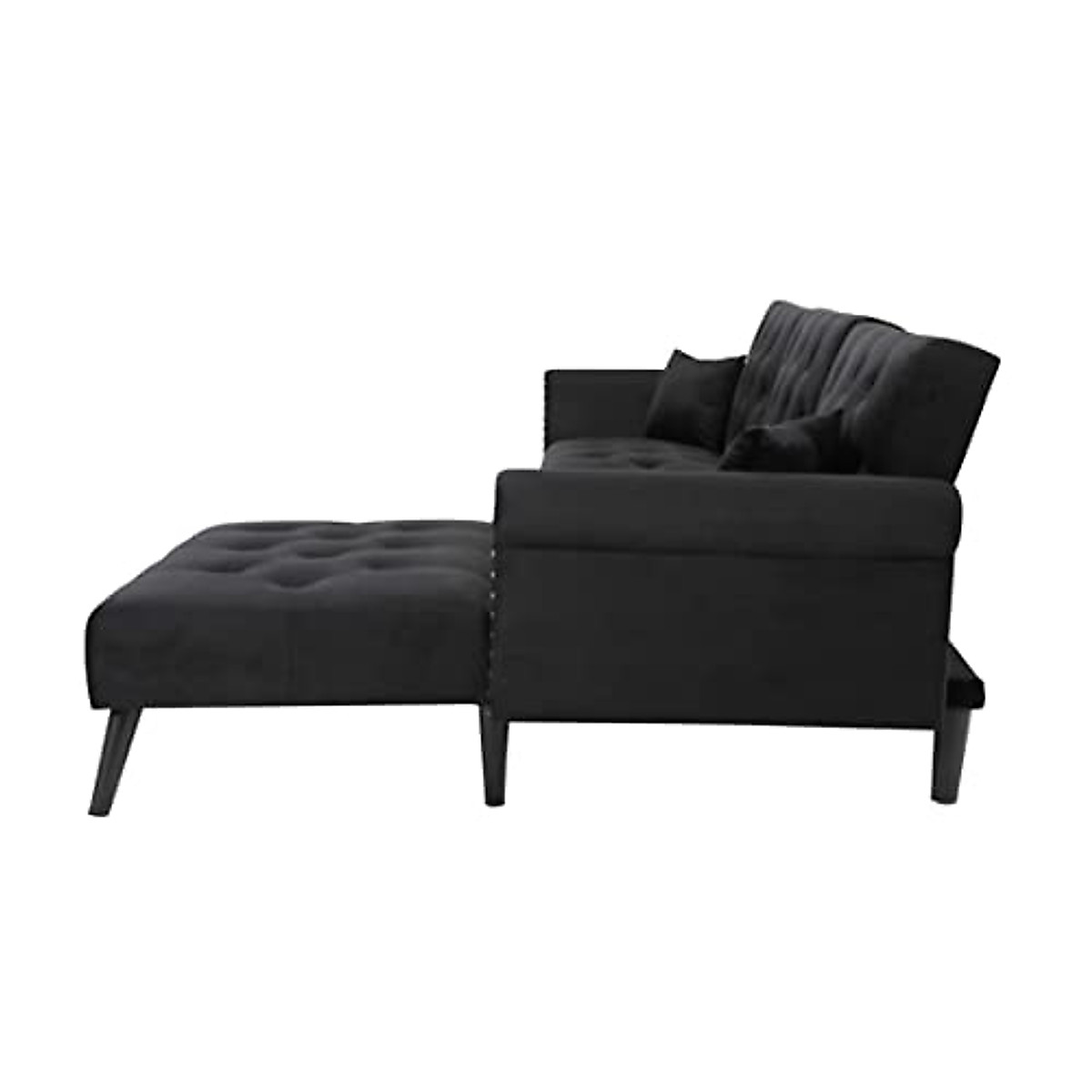 KoiHome Sectional Sofa Right Hand Facing Velvet Button Tufted, L Shape Chaise with Nail Head Detail, Conical Wood Leg, 2 Pillows, Modern & Elegant, Home Furniture for Living Room,Office, Black