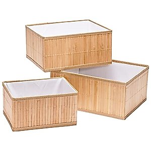 Bamboo Storage Baskets, Set of 3; All-Natural Organizer Bins with Fabric Liner on Inside; Boxes Great for Kitchen, Pantry, Bathroom, Closets, Storage, Shelving, Toys; 3 Sizes: Small, Medium, Large