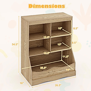 Costzon Toy Storage Organizer, 5-Cubby Kids Bookshelf with Footboard and Anti-Tipping Devices, 3-Tier Childrens Bookcase, Montessori Book Shelf for Kids Room, Playroom, Nursery, Daycare, Classroom