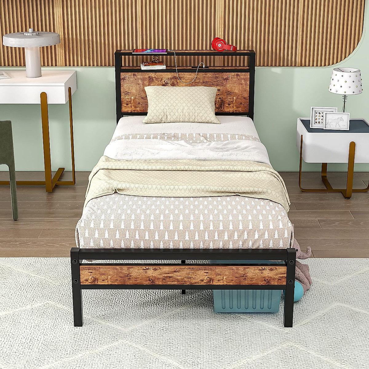 HOJINLINERO Twin Bed Frame with Storage Headboard/USB Charging Station,Single Platform Bed Frame Twin Size No Box Spring Needed,Strong Steel Slats Support,Bedroom Furniture,Rustic Brown