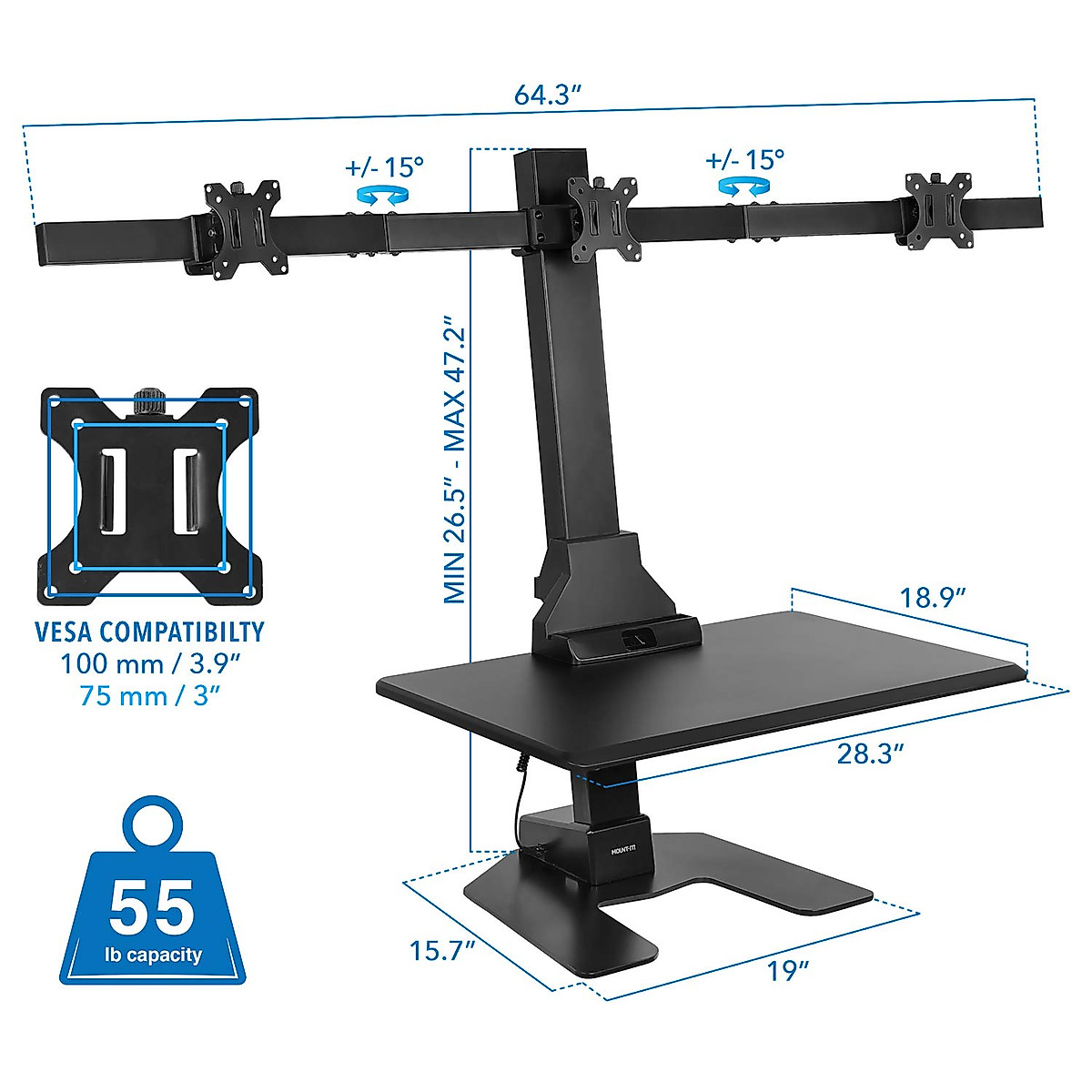 Mount-It! Triple Monitor Electric Standing Desk Converter - 3 Screens Stand Up Desk Riser - Height Adjustable Desktop & 3 Mounts for Screens up to 32", Sit-Stand Convertor for Home, Office, School
