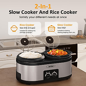 Sunvivi 2 in 1 Slow Cooker and Rice Cooker, Slow Cooker with 1.5 QT Ceramic Pot & 3 Temps, Rice Cooker with 3- Cup Non-Stick Aluminum Pot & Indicator Lights, Dual Control Knob, Stainless Steel