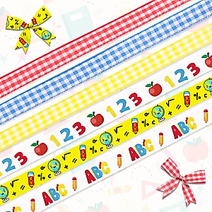 Hying 6 PCS Welcome Back to School Ribbons, 3/8" Width School Themed Grosgrain Ribbons Red Yellow Buffalo Plaid Ribbon ABC Pencils Craft Ribbons for Gift Wrapping DIY Teacher Appreciation Supplies