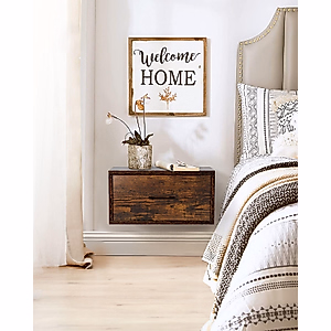 Filano Floating Nightstand Shelf with Drawer, Small Bedside Shelf Wall Mounted Nightstand, Floating Bed Side Table/Night Stand with Drawer, Small Wall Shelves for Bedroom Rustic Wood