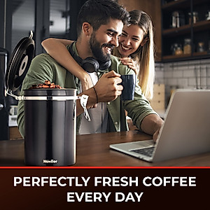 Mueller Coffee Canister Stainless Steel Container for Coffee Beans or Grounds, Tea, Sugar, Rice - Day and Month Tracker, Built-In Calendar Wheel - 21oz Capacity - Stainless Steel Spoon Included