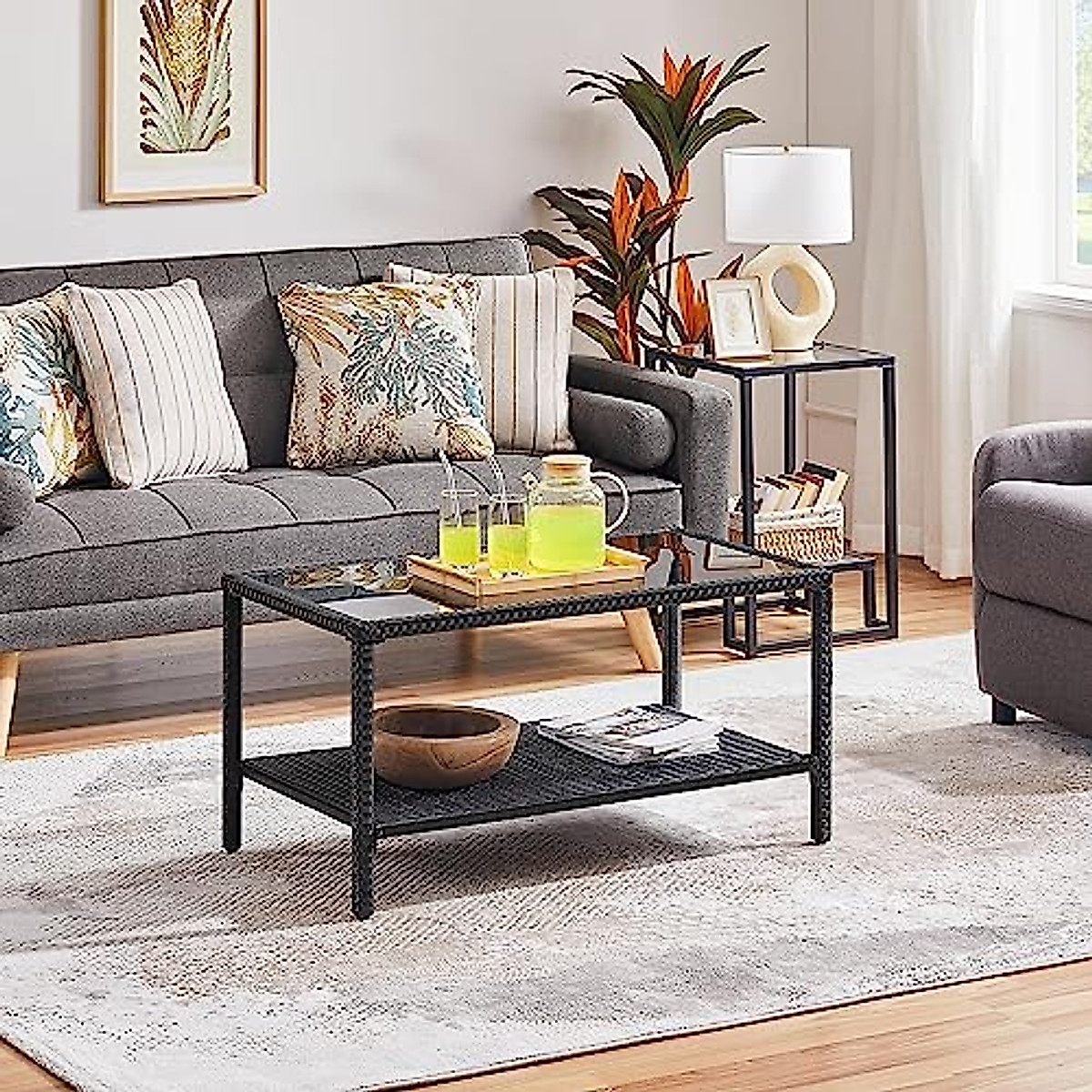 Yaheetech Outdoor Wicker Coffee Table Storage Table, All-Weather Rattan Side Table with Tempered Glass Top, Patio Furniture Garden Coffee Table