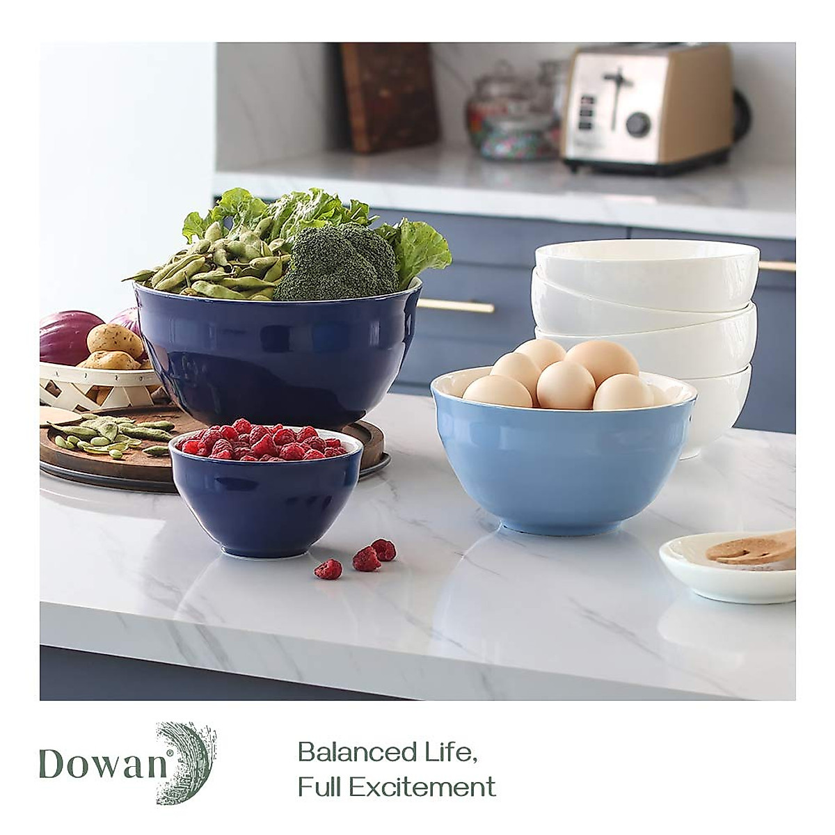 DOWAN Mixing bowls, 4.25/2/0.5 Qt Ceramic Mixing Bowls for Kitchen, Large Salad Serving Bowls, Nesting Mixing Bowls Set, Microwave Safe, Blue