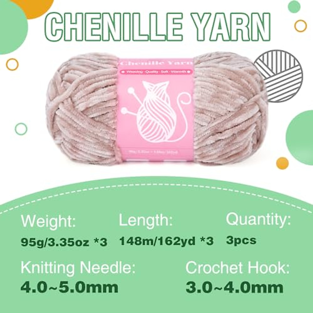 LUNARM Chenille Velvet Yarn, Yarn for Crocheting Knitting with Big Eye Needles, Handcrafts Weaving Soft Chenille Yarn for Making Blankets, Clothes, Pattern Knitting-3*3.35oz,3*162yds (Light Khaki)