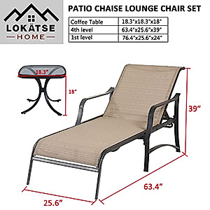 LOKATSE HOME Outdoor Patio Adjustable Metal Chaise Lounge Chair Recliner Set of 2 with 1 Glass Top Bistro Table, Beige