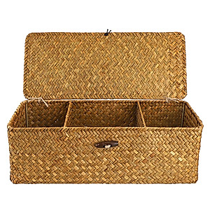 Hipiwe Seagrass Storage Basket Bin with Lid Rectangular Woven Shelf Baskets with 3-Section Toilet Paper Basket Holder for Closets Pantry Bathroom Kitchen Shelf Organizing, Caramel