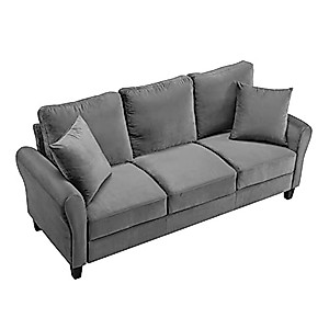 Homtique 3 Seater Couch for Living Room,78 Inches Width Modern Velvet Sofa Comfy Upholstered Couches with 2 Pillows for Office Apartment Bedroom Small Space (Grey)