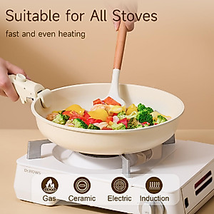 JEETEE Nonstick Frying Pan Set, Non Stick Frying Pans with lid and Detachable Handle, Frying Pan Set with Removable Handle-8 Inch-9.5 Inch-11 Inch, Oven Safe, PFOA Free, Beige