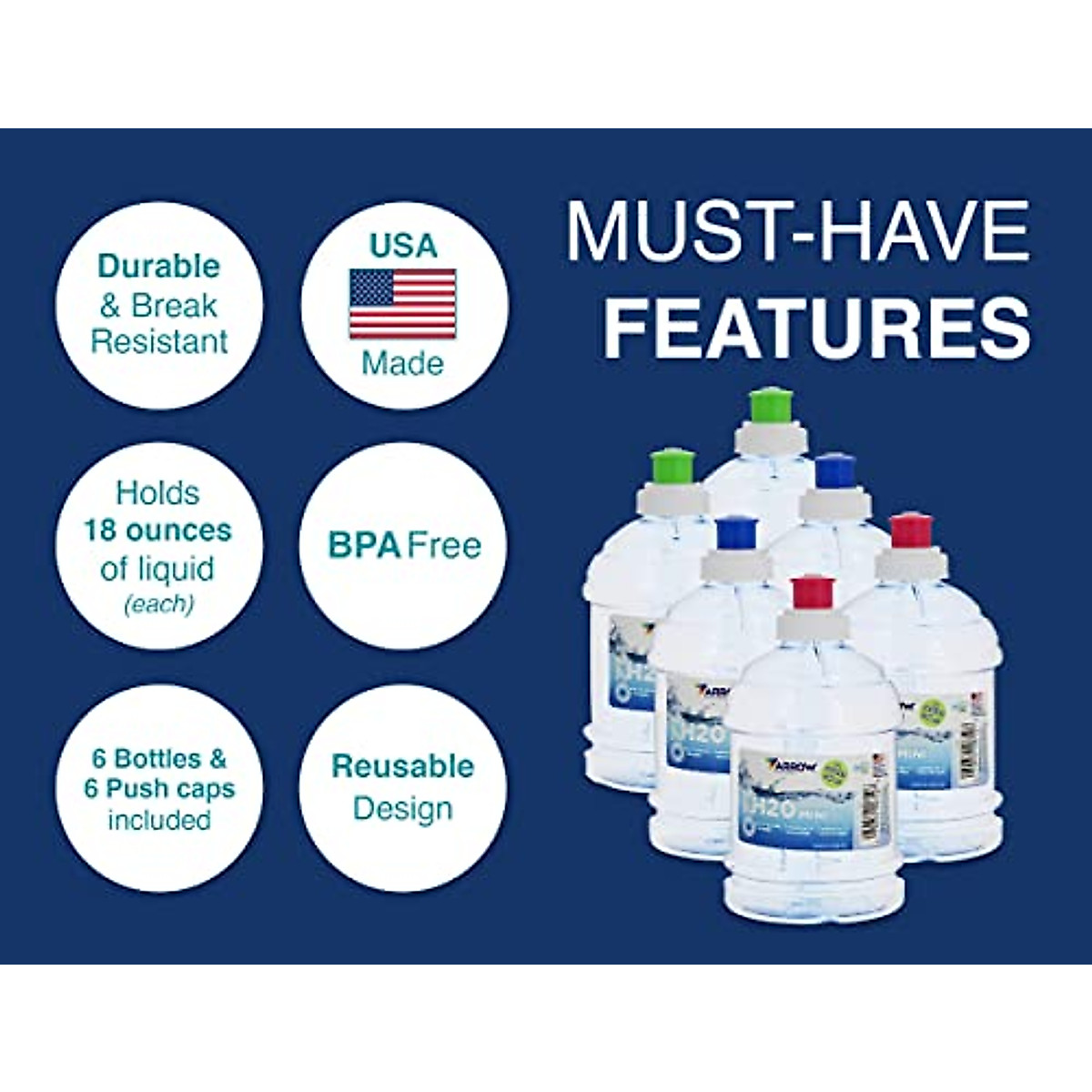 Arrow H2O On The Go Water Bottle, 18 Fl Oz (Includes 6 Bottles) - Mini Clear Plastic Water Bottle with Push Cap - Made in the USA, BPA Free - Built-In Handle, Ideal for School and Sports Practice