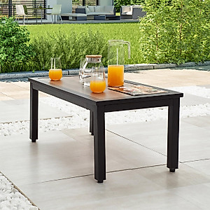 LOKATSE HOME Outdoor Rectangular Metal Coffee Table Patio Furniture with Wood Grain Top for Backyard, Deck, Lawn, Garden, Black