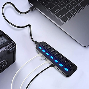 USB Hub 3.0 Splitter,7 Port USB Data Hub with Individual On/Off Switches and Lights for Laptop, PC, Computer, Mobile HDD, Flash Drive and More