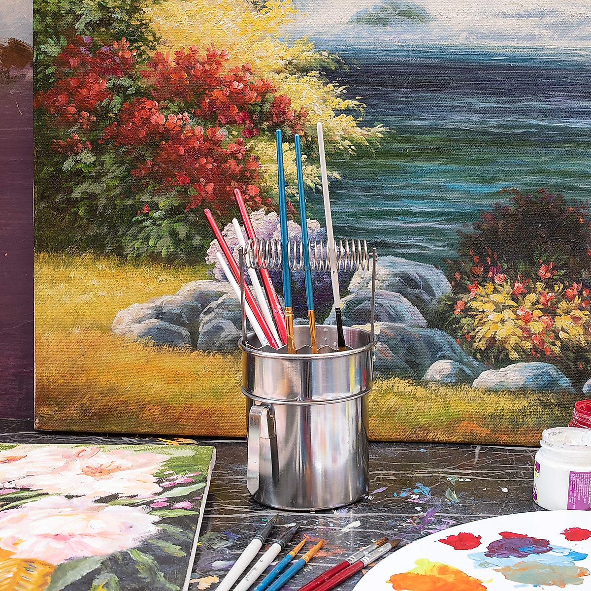 MyLifeUNIT Paint Brush Cleaner, Double Layer Paint Brush Holder with Wash Tank