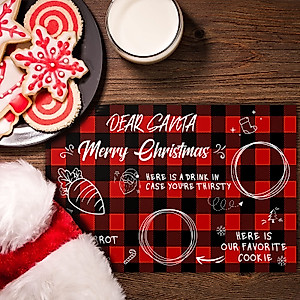 Dear Santa Placemat Buffalo Plaid Placemat Christmas Place Mat Decorations Santa Cookie Plate Xmas Eve Treat Board Wooden Tray Plate Santa Message Christmas Plate Mat for Kids (Black and Red Plaids)