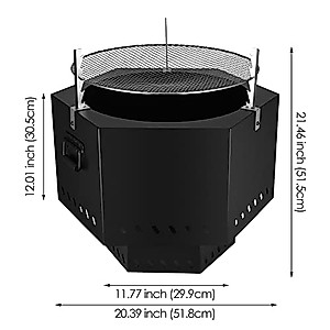Pokytcox Smokeless Bonfire Fire Pit, 21” Portable Stove Perfect for Outdoor Campfire Stove Flame or BBQ on Patio Garden Backyard w/ BBQ Grill