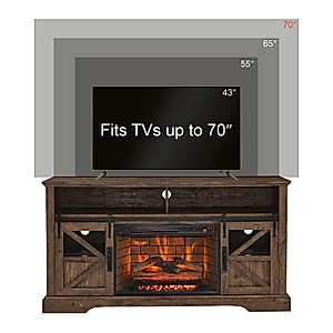 VZADGWA Farmhouse TV Stand with Electric Fireplace for 60" 65" 70” TV, Industrial Sliding Barn Doors TV Cabinet with Storage Media Entertainment Center for Living Room, CSA/UL Certified, Brown