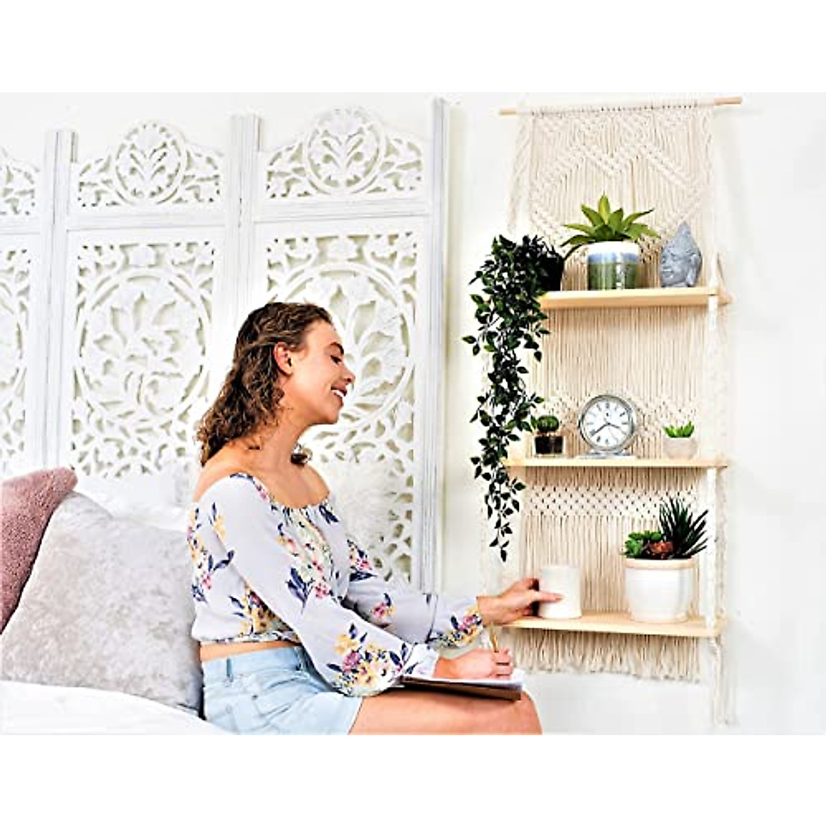 Macrame Wall Hanging Shelf-ideal décor-plants storage bookshelf-Bohemian Decorative Shelves-Boho Floating Indoor Shelving–For bedroom kitchen bathroom room with window Plant hanger 3 Tier Heart