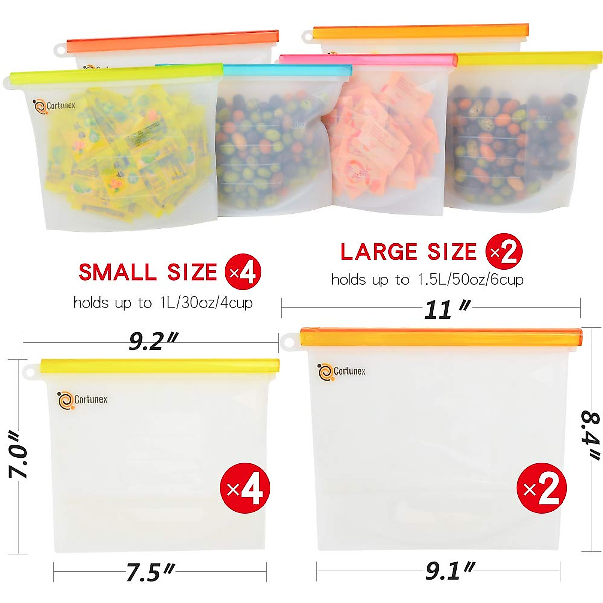 Reusable Silicone Food Storage Bags | 100% Food Grade Silicone Bags | LEAKPROOF, AIRTIGHT | Keep Fruit, Snacks, Veggie, Sandwich FRESH | Set Of 6 Bundle With 6 Reusable Mesh Produce Bags