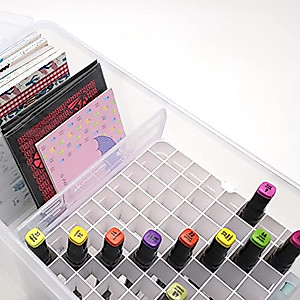 SUNMAIO Greeting Card Storage bin with 3 Removable Dividers and a marker holder, Photo organizer case for Photo,Scrapbook,Craft, Marker, Crayon