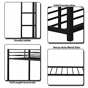 KOTEK Metal Bunk Bed Twin Over Twin, Low Bunk Bed with Sturdy Guard Rails & Ladder, Easy Assembly, Heavy-Duty Floor Bunk Bed Frame for Kids, Teens (Black)