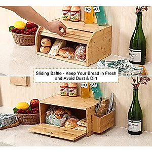 TQVAI Natural Bamboo 2 Layer Large Bread Box for Kitchen Counter Wood Bread Storage Container - Can Use as 2 Individual Bread Bin - Assembly Required, Original