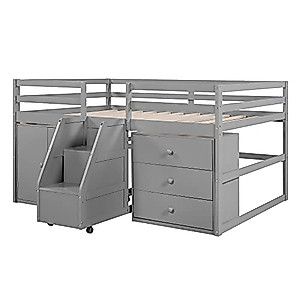 Solid Wood Full-Size Low Loft Bed Frame with Cabinets, Staircase with Hanging Clothes and Drawers for Kids, Pure Gray