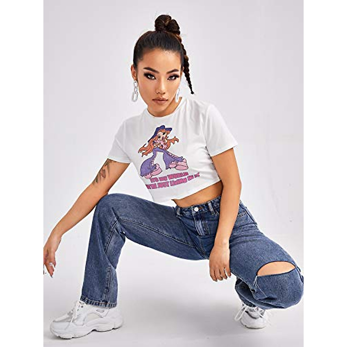 SweatyRocks Women's High Waist Slant Pocket Denim Jeans Ripped Straight Leg Pants Blue L