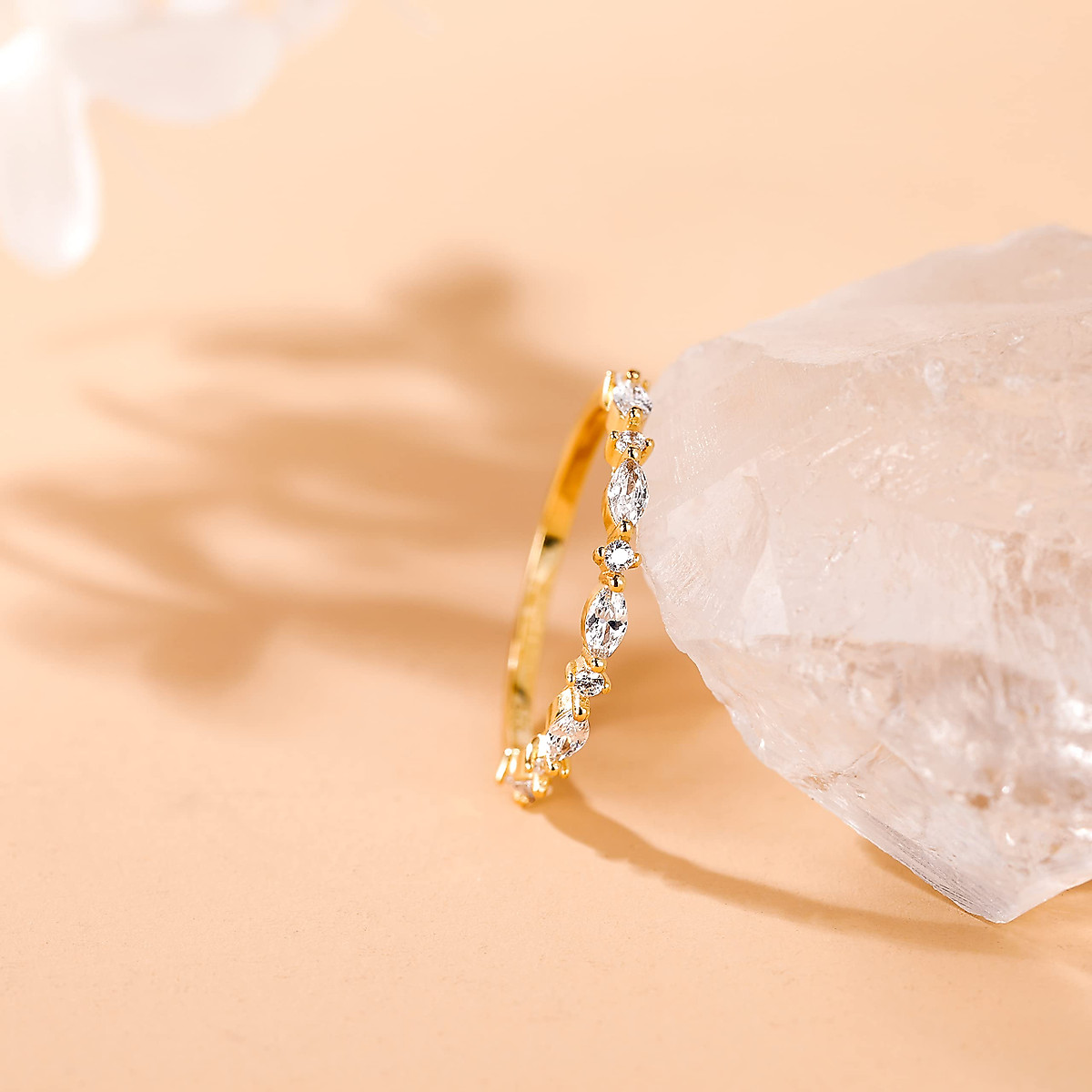 SHINYSO 14K Gold Plated Wedding Band for Women Thin Stacking Ring Half Cubic Zirconia Eternity Engagement Ring Size 6