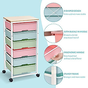 TOOLF Rolling Storage Cart with 6 Drawers, Wooden Tabletop, Easy Movement, Large Capacity, Durable Construction & Colorful Style in White Bar