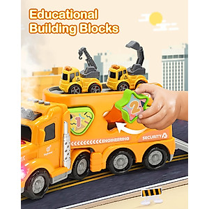 HOLY Fun 5 in 1 Construction Truck Toy Set, Transport Carrier Truck with Spray Sound& Light, 4 Small Engineering Mixer Excavator Crane Dump Car, Friction Power Truck Set, Early Learning Gift for Kids