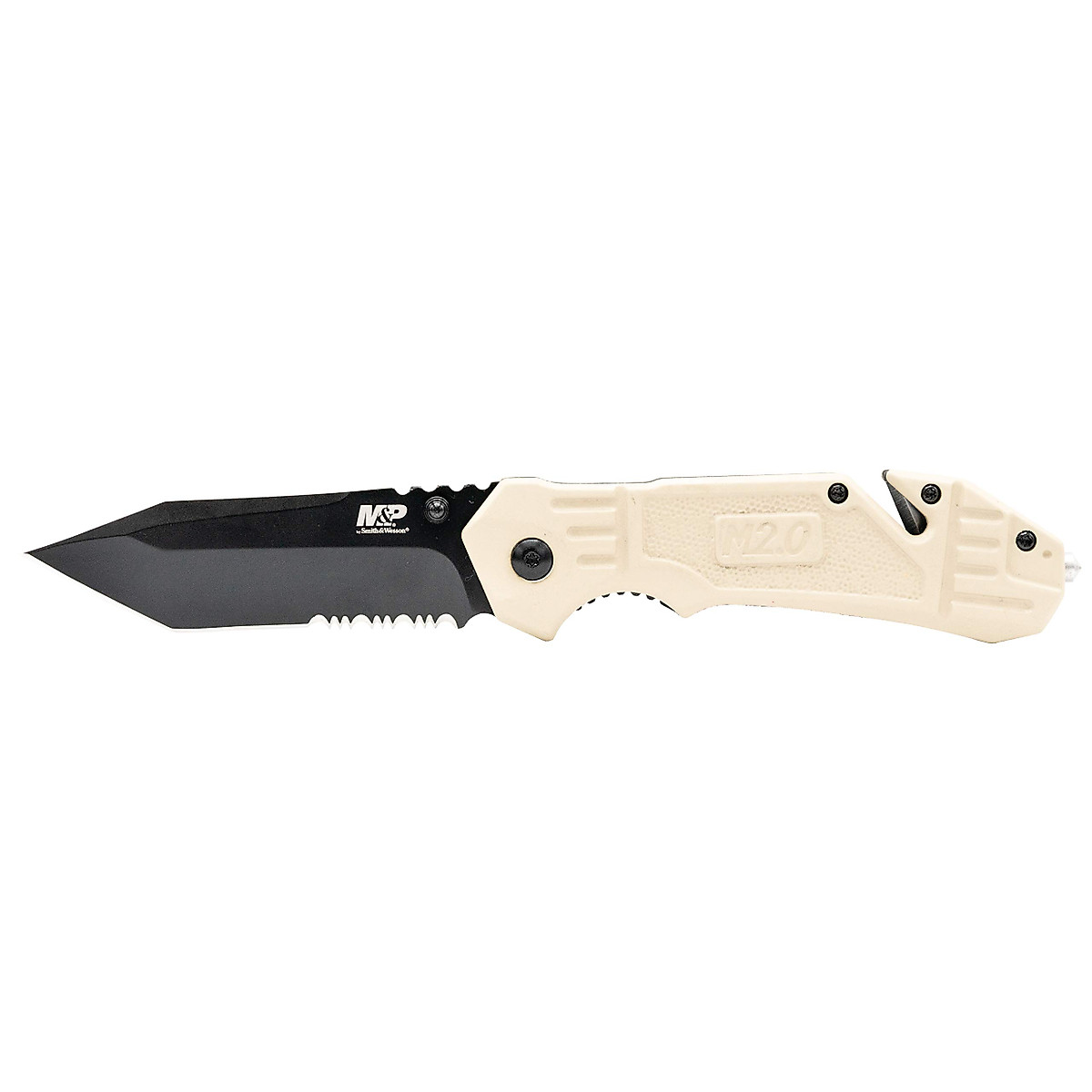 Smith & Wesson M&P FDE 8.2in High Carbon S.S. Spring Assisted Folding Knife with 8in Serrated Tanto Blade and Rubberized Handle for Outdoor Survival and EDC, One Size