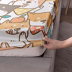 AILONEN Puppy Fitted Sheet Set Full Size, Cute Shiba Inu Dog Bed Sheet Set,Welsh Corgi Dog Puppy Sheets Set,Boys Girls Cartoon Pet Animals Bed Sheets Set 3 Pieces, 1 Fitted Sheet and 2 Pillowcases