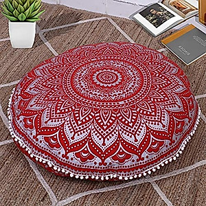 Maviss Home Floor Decor Round Mandala Pouf Cover | Floor Yoga Pillows Cover | Round Bohemian Meditation Cushion Cover | Round Pouf Cover | 32 Inch 80 cm Approx; Red Silver