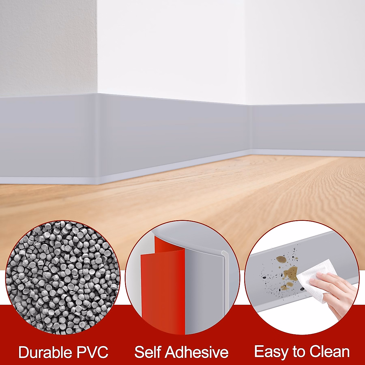 ToLanbbt 26.3 FT Baseboard Trim Molding Wall Base Cove Flexible Vinyl Self-Adhesive Base Trim, 4 in Peel and Stick Avoid Dust Rubber Baseboard Trim for Bedroom Garage Office School Cover Walls, Gray