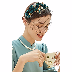 BABEYOND 1920s Fascinator Mesh Flower Pearl Veil Headband Bridal Wedding Tea Party Fascinator Veil for Women