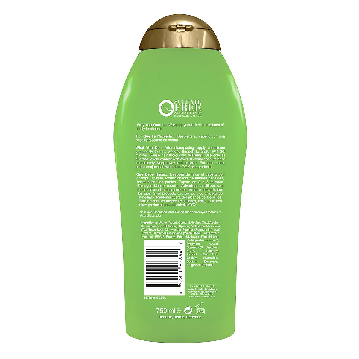 OGX Extra Strength Refreshing Scalp + Teatree Mint Conditioner, Invigorating Conditioner with Tea Tree & Peppermint Oil & Witch Hazel, Paraben-Free, Sulfate-Free Surfactants, 25.4 Fl Oz
