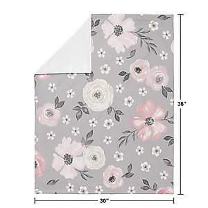Sweet Jojo Designs Grey Watercolor Floral Baby Girl Blanket Receiving Security Swaddle for Newborn Toddler Nursery Car Seat Stroller Minky - Blush Pink Gray White Shabby Chic Rose Flower Farmhouse