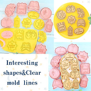 Crethinkaty Eid Mubarak Cookie Cutters-8 Pieces Pressable Eid Mubarak Biscuit Cutters Set-3D Eid Element Cookie Stamps.