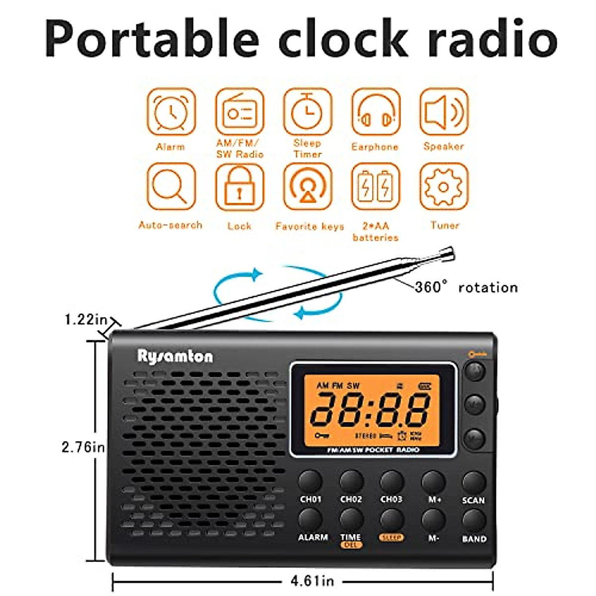 Rysamton Portable AM/FM/Shortwave Radio, Batteries Operated Pocket Radios, Large Digital Display, Clock Radio with Alarm and Sleep Function, Earphone Included