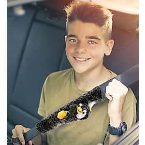 DolliBu Black Penguin Plush Car Seatbelt Cover - Soft Fluffy Cushion Support for Safety Seat Belt Strap Cover, Decorative Wild Life Stuffed Animal Padded Toy Cute Vehicle Accessory for Kids & Adults