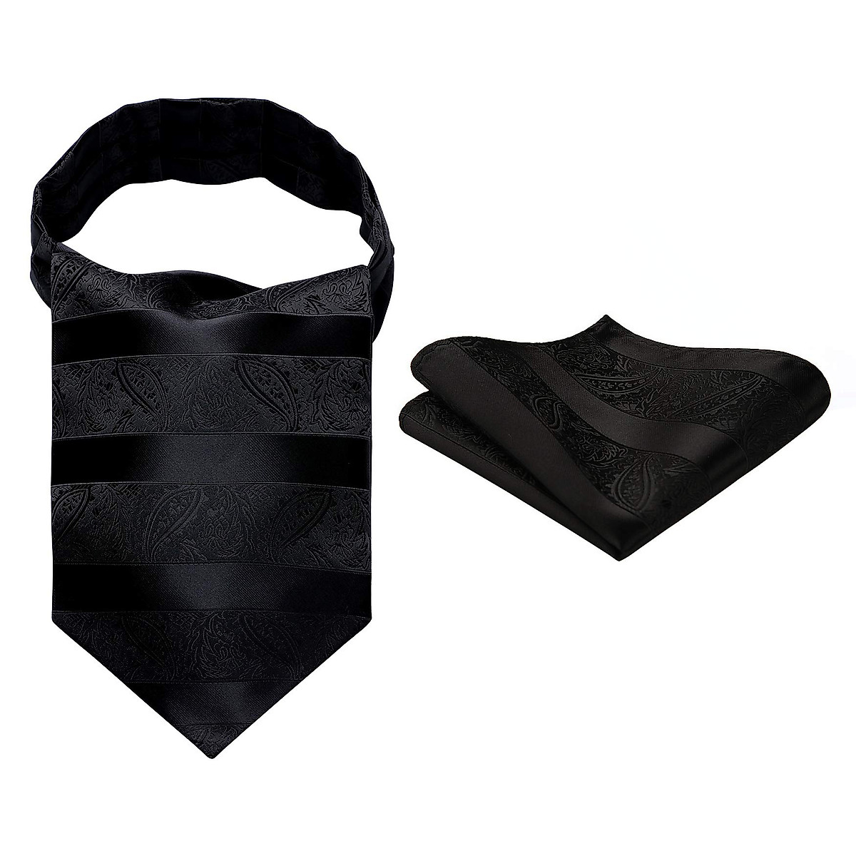 HISDERN Men's Cravats Black Ascot Ties for Men Paisley and Pocket Square Set Woven Classic Floral Ascot Scarf for Men Handkerchief Wedding Party