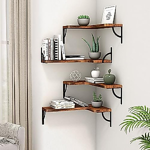 Canupdog Corner Floating Shelf Wall Mount 4 Tier Wood Floating Shelves, Easy-to-Assemble Tiered Wall Storage, Wall Organizer for Bedrooms, Bathrooms, Kitchens, Offices (Rustic Red)