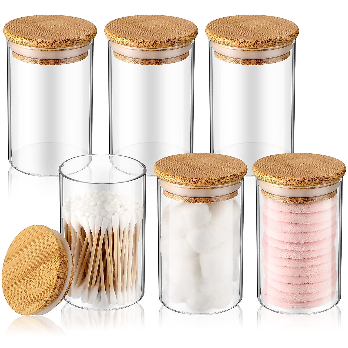 Irenare 6 Pack Glass Apothecary Jars with Lids Bamboo Bathroom Accessories Cotton Balls Pads Swabs Holder Jar Bathroom Canisters for Vanity Accessories Storage