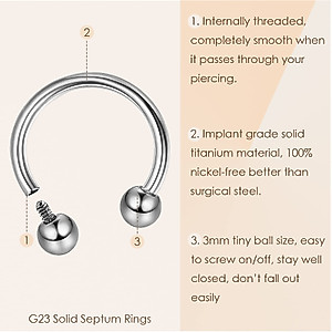 MILACOLATO 16g Septum Rings for Women Men | Implant Grade G23 Titanium Septum Ring | Internally Threaded Horseshoe Barbell Piercing Jewelry for Nose Lip Tragus Eyebrow Helix Daith | 2pcs 8mm