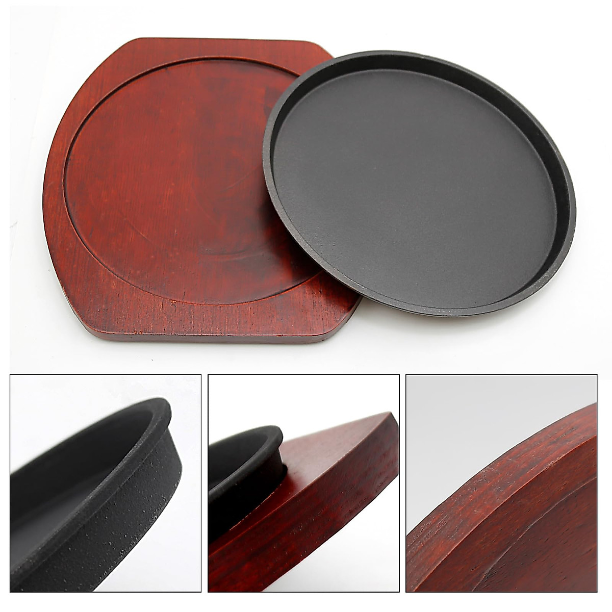 VIKKSAER 10.2" Cast Iron Steak Plate, Sizzling Plate with Wooden Base & Hot Plate Gripper, Steak Pan Grill Fajita Server Plate for Restaurant Home Kitchen Cooking Accessory